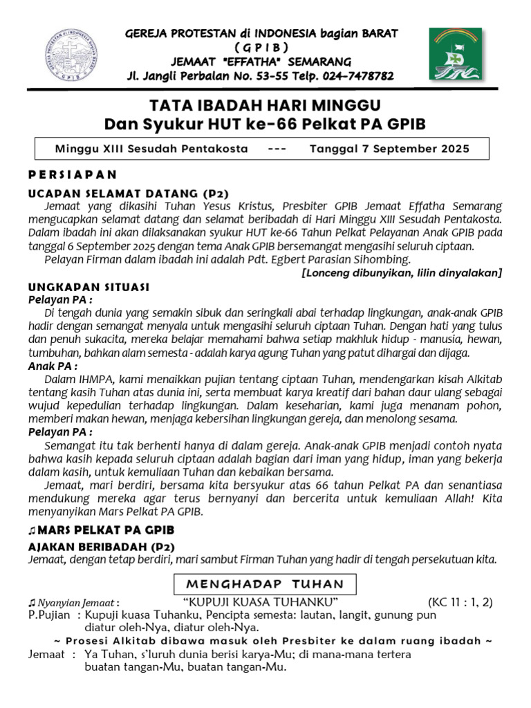 TaIb Hari Minggu Dan Syukur HUT Pelkat PA, 7 September 2025 | PDF