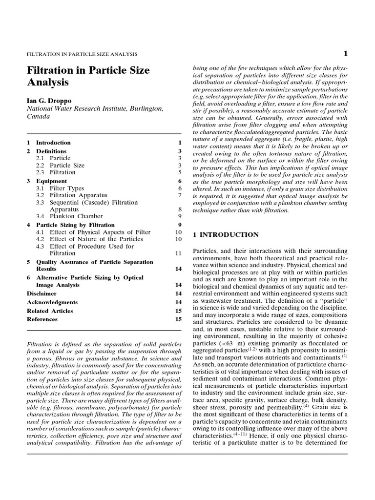 Filtration in Particle Size Analysis: Ian G. Droppo | PDF | Filtration ...