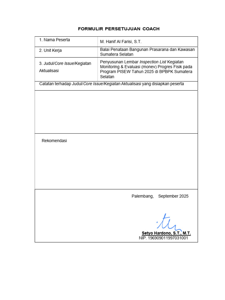 Lembar Inspeksi Monev PISEW 2025 BPBPK | PDF