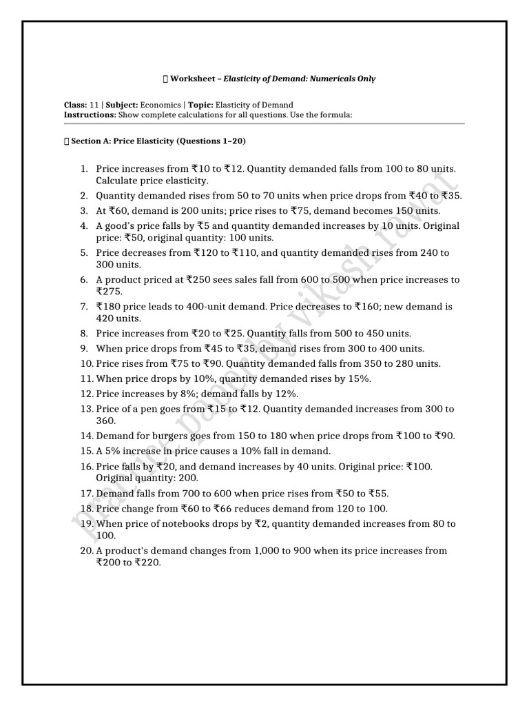 Elasticity of Demand Numerical Worksheet | PDF