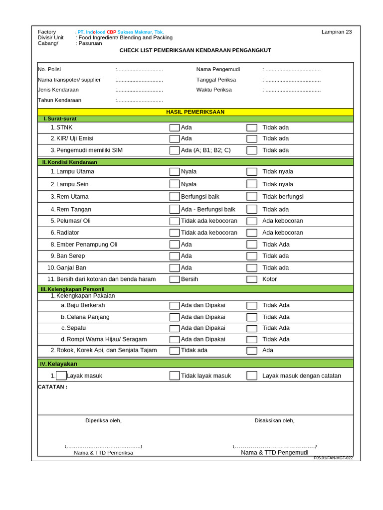 Checklist Pemeriksaan Kendaraan Pengangkut | PDF