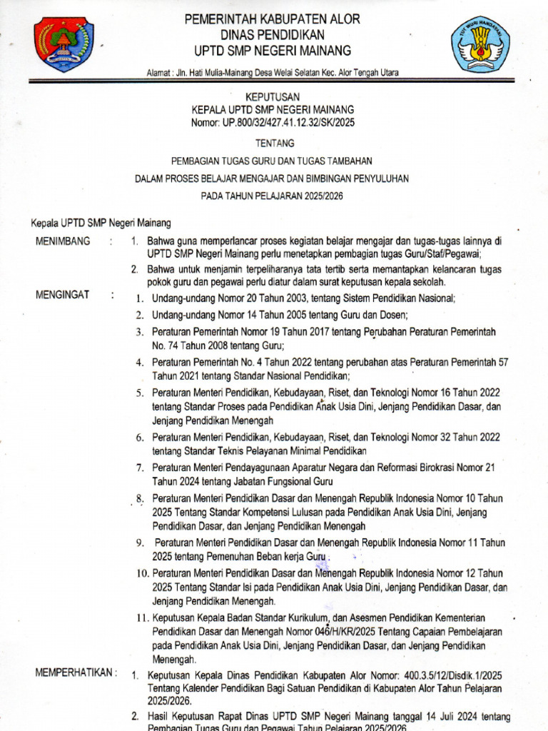 SK Pembagian Tugas 2025-2026 | PDF