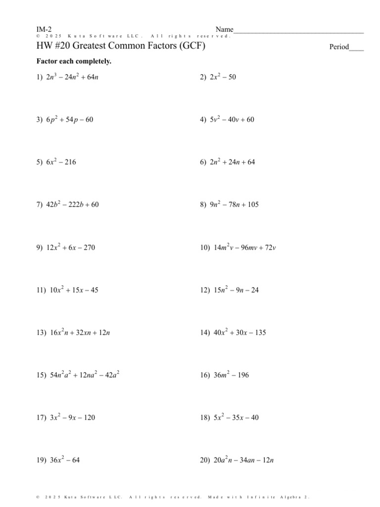 HW #20 Greatest Common Factors (GCF) | PDF