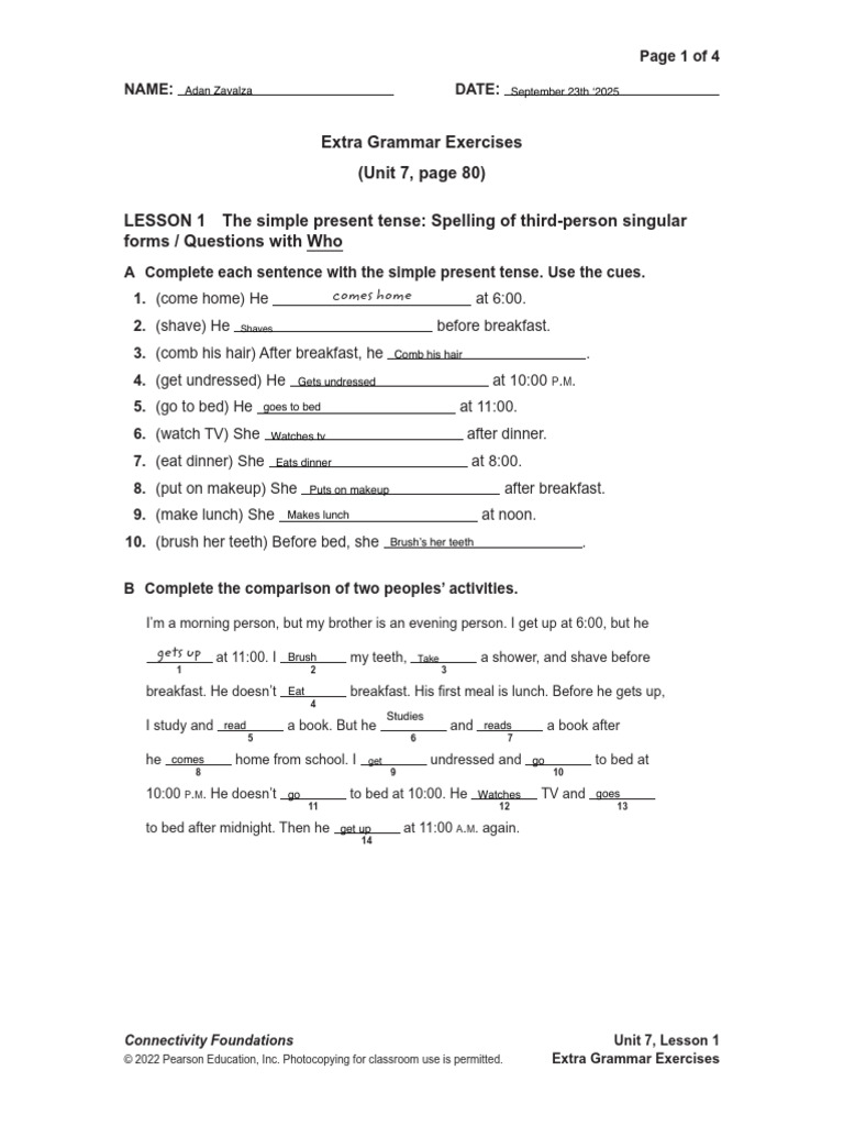 CTY0 Extra Grammar Exercises Unit 7 (1) | PDF | Lunch