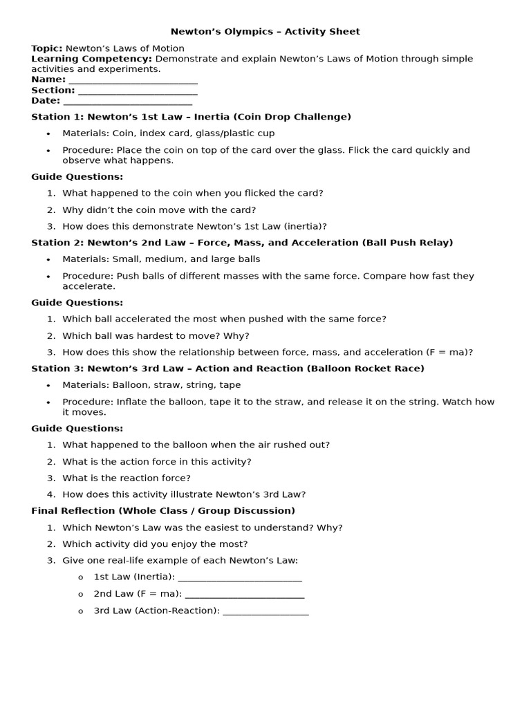 Newton's Laws Motion Activity Sheet | PDF