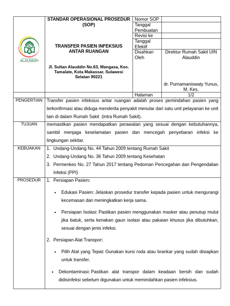 Spo Transfer Pasien Infeksius Antar Ruangan (Intra Rumah Sakit) | PDF