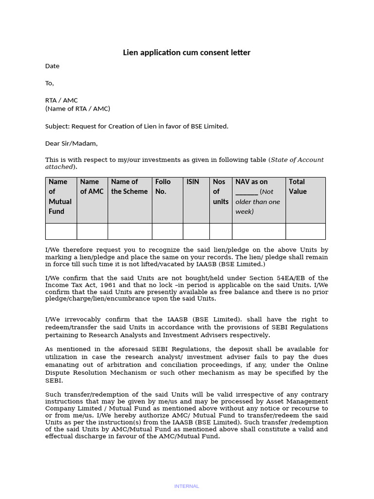 Annexure - I - Lien Application Cum Consent Letter Form IA | PDF ...