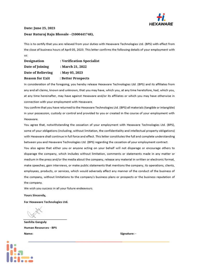 Experience Letter (Hexaware) | PDF