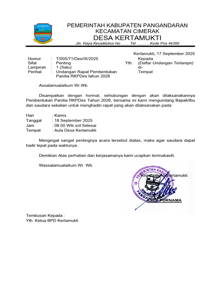 Undangan Rapat Pembentukan Panitia RKPDes | PDF