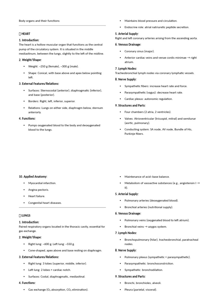 Body Organs and Their Functions | PDF | Lung | Heart