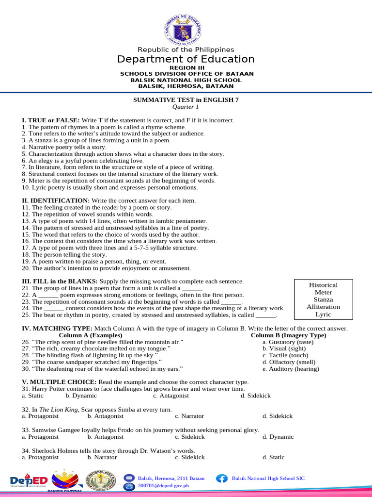 English 7 Summative Test Guide | PDF | Poetry | Phonaesthetics