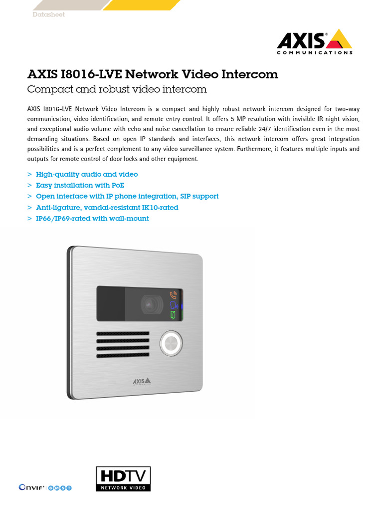 Axis I8016-LVE Intercom Datasheet | PDF | Session Initiation Protocol ...