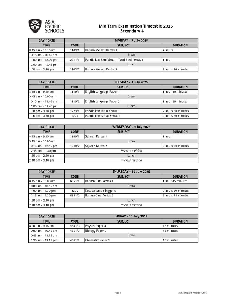 S4 - Mid Term Exam Timetable 2025 2 | PDF | Evaluation Methods | Educational Stages