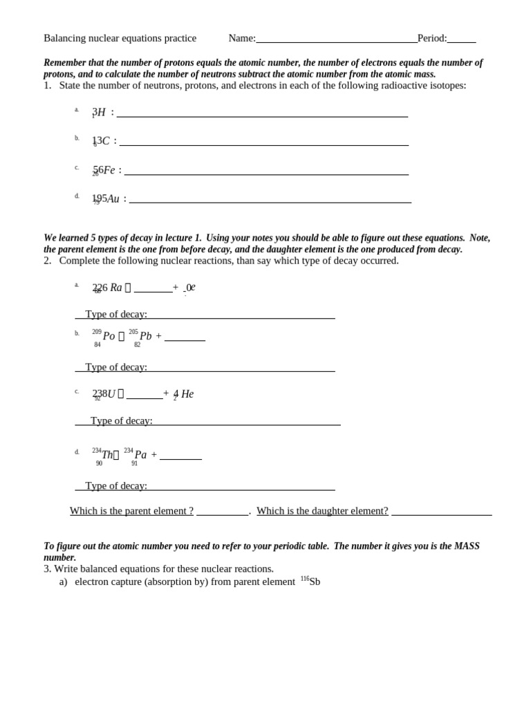 Balancing Nuclear Equations Worksheet | PDF | Radioactive Decay ...
