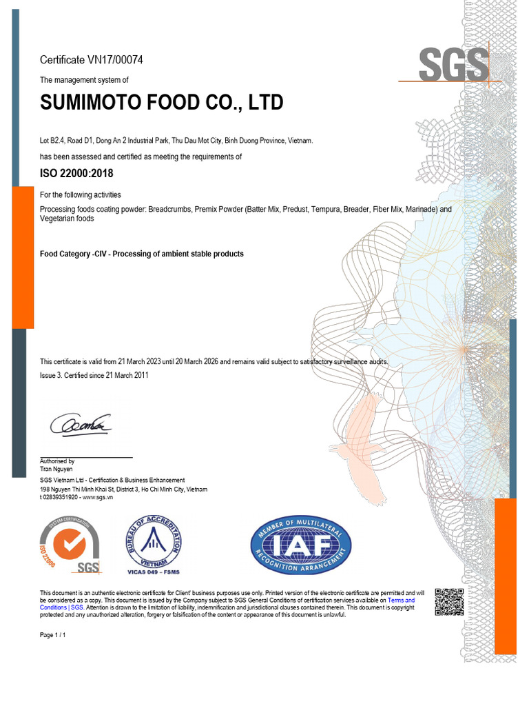 Sumimoto Foods ISO 22000:2018 Certification | PDF