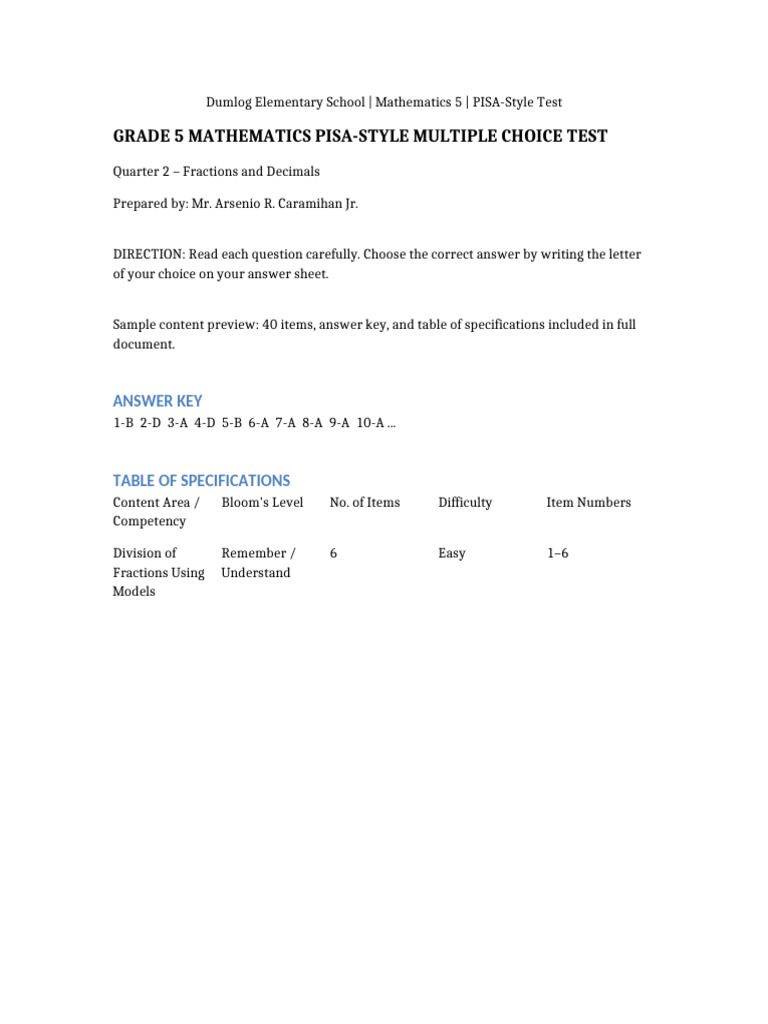 G5 Math PISA Test TwoColumn | PDF