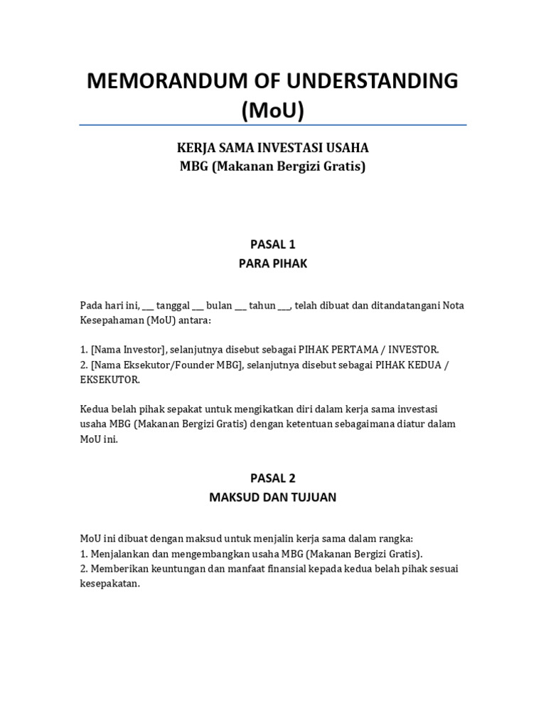 MoU Kerja Sama Usaha MBG | PDF