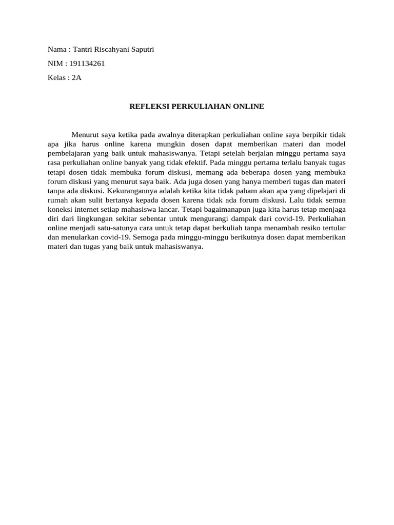 Refleksi Perkuliahan Online Tantri 2023 | PDF