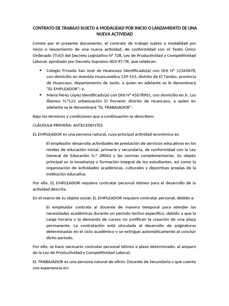 CONTRATO DE TRABAJO SUJETO A MODALIDAD POR INICIO O LANZAMIENTO DE UNA NUEVA ACTIVIDAD | PDF ...