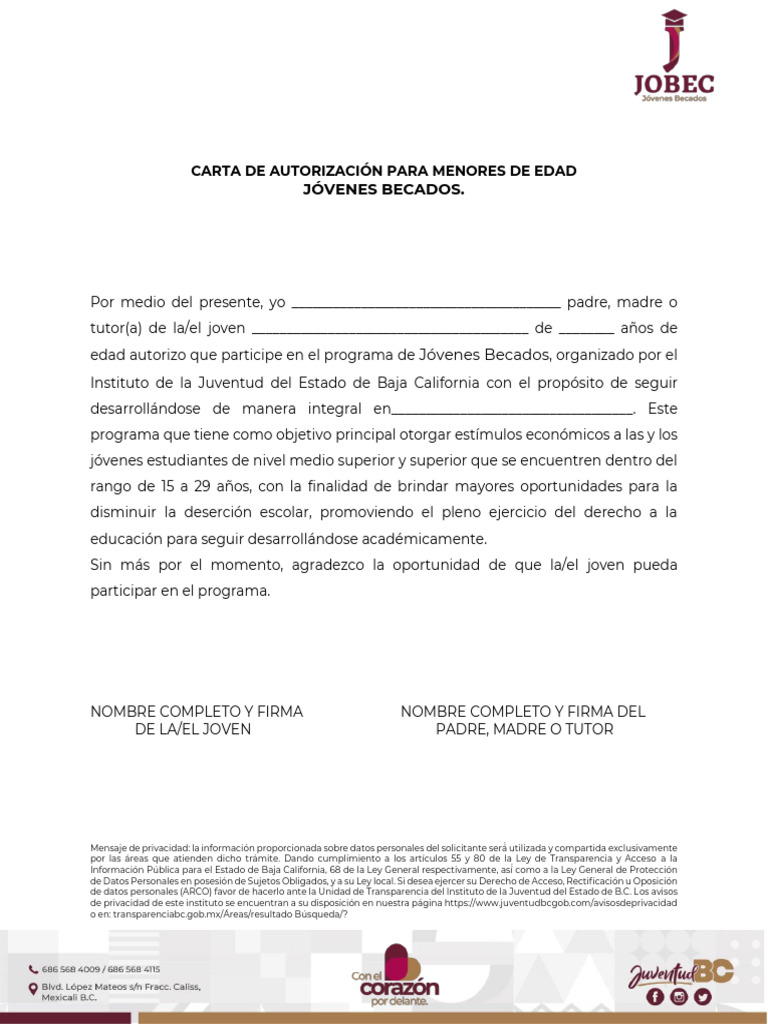 CARTA DE AUTORIZACIÓN PARA MENORES DE EDAD | PDF