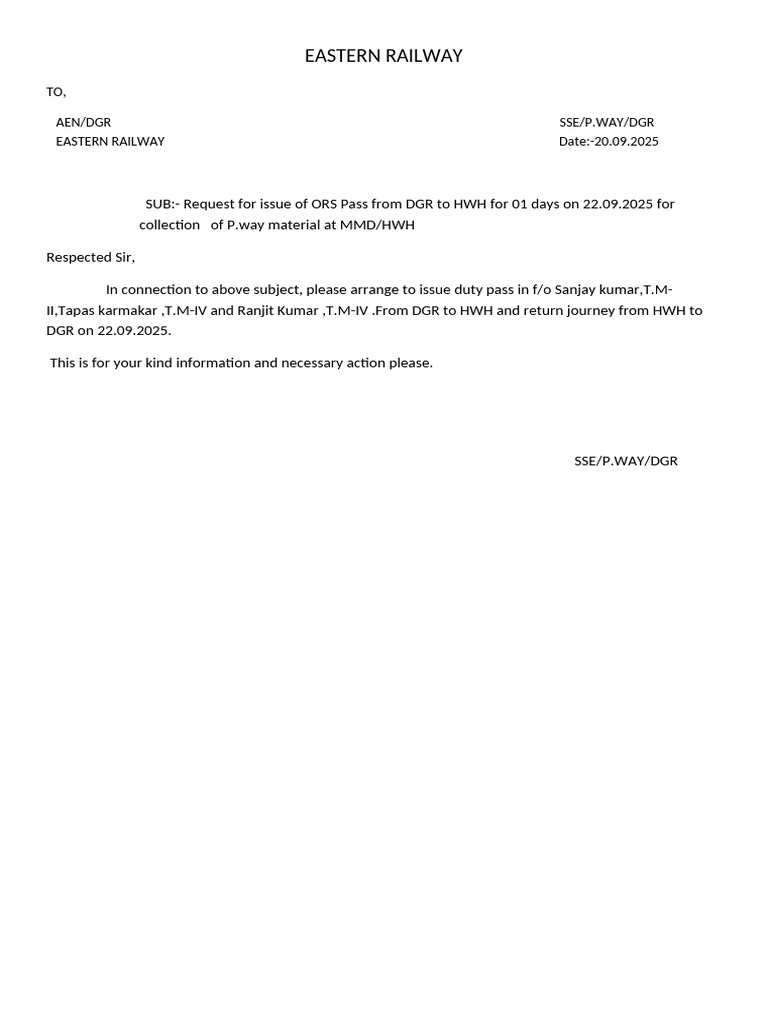 ORS Pass Request for Railway Staff | PDF