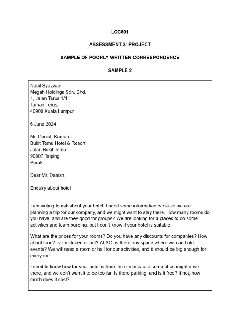 Poorly Written Hotel Inquiry Example | PDF