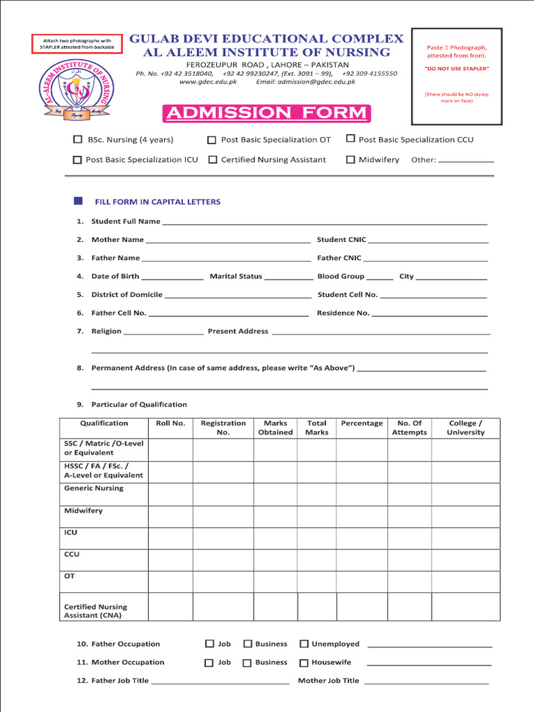 Nursing BSN CNA Midwifery Post Basic CCU ICU OT Admission Form | PDF
