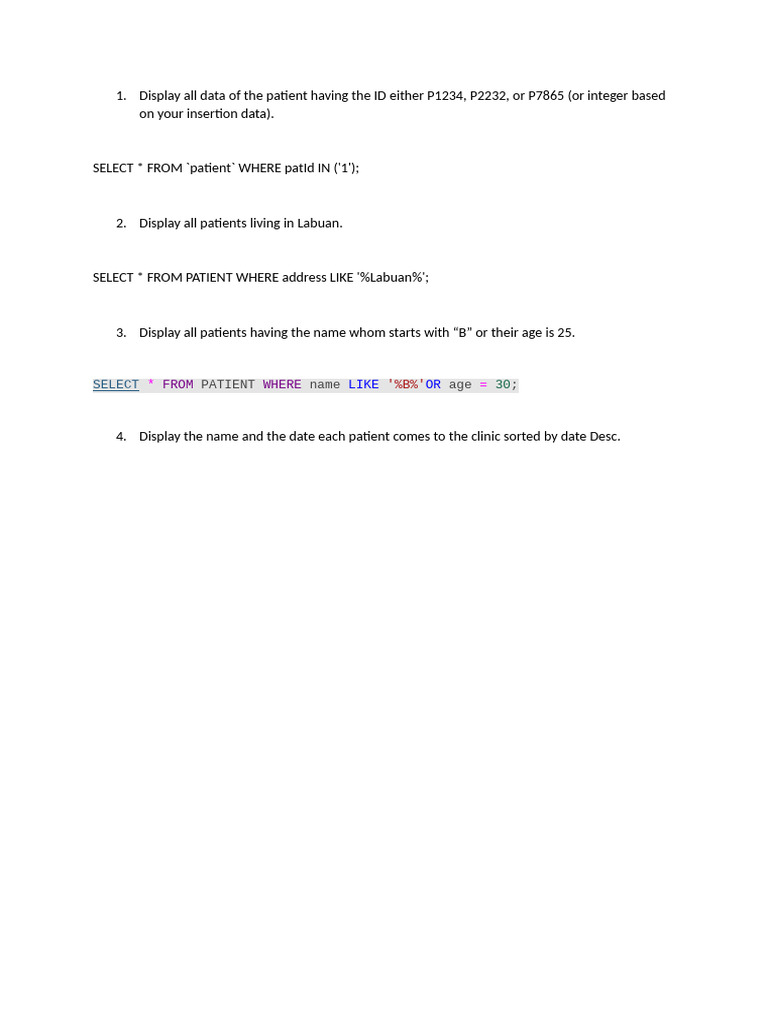 Display All Data of The Patient Having The ID Either P1234 | PDF
