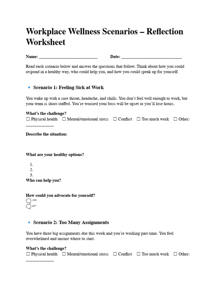 Workplace Wellness Scenarios – Reflection Worksheet | PDF