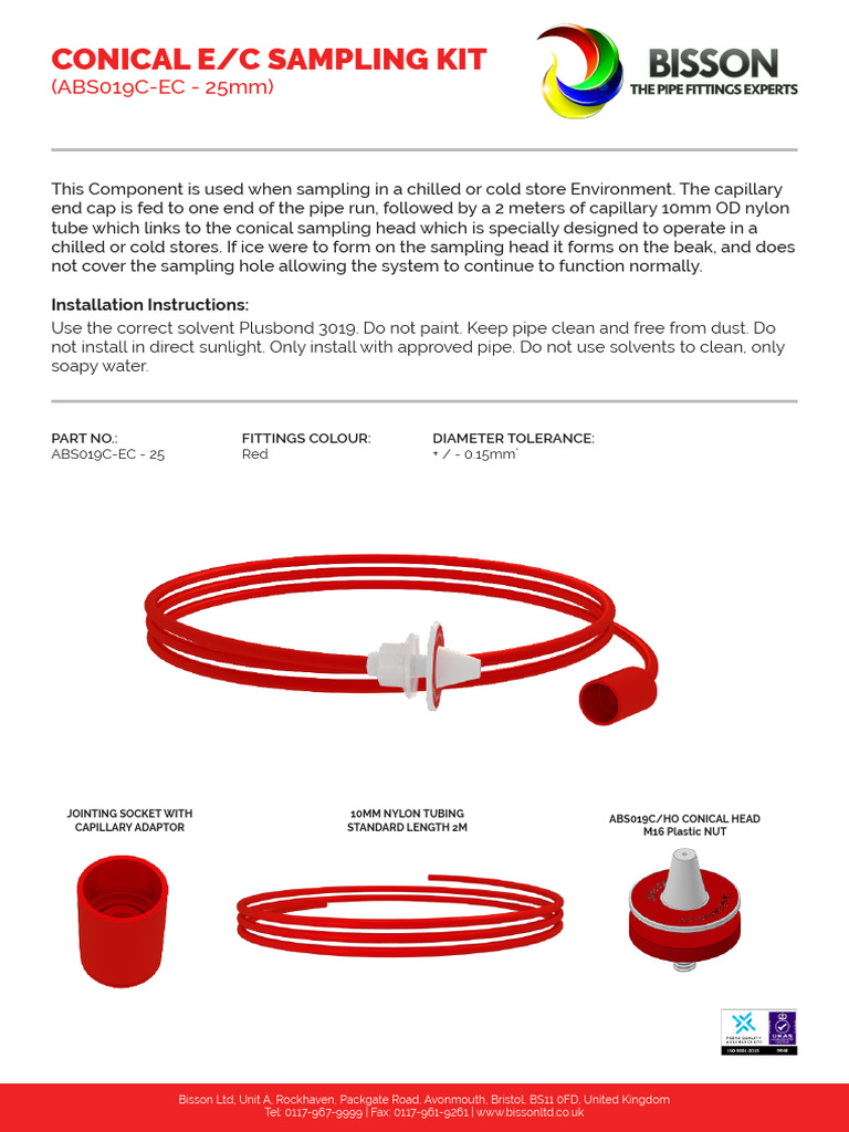 Bisson Datasheet Conical End Cap Sampling Kit Abs019c Ec 25mm | PDF