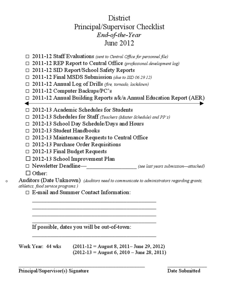 End-of-Year Principal Checklist 2012 | PDF | Finance & Money Management