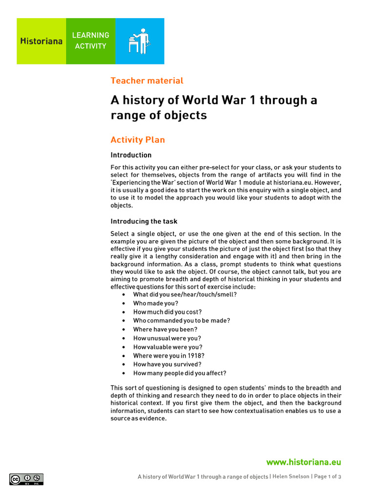 A History of World War 1 Through A Range of Objects - TEACHER MATERIAL ...