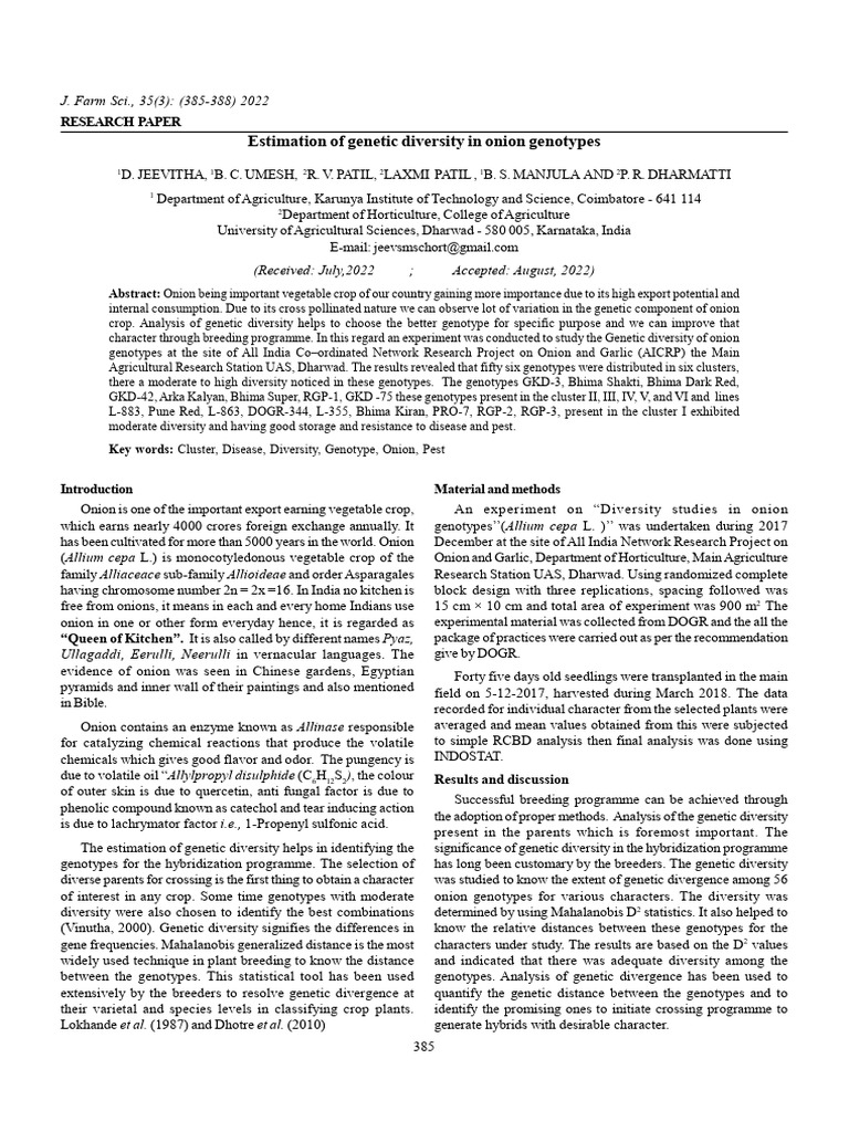 Genetic Diversity in Onion Genotypes | PDF | Plant Breeding | Onion