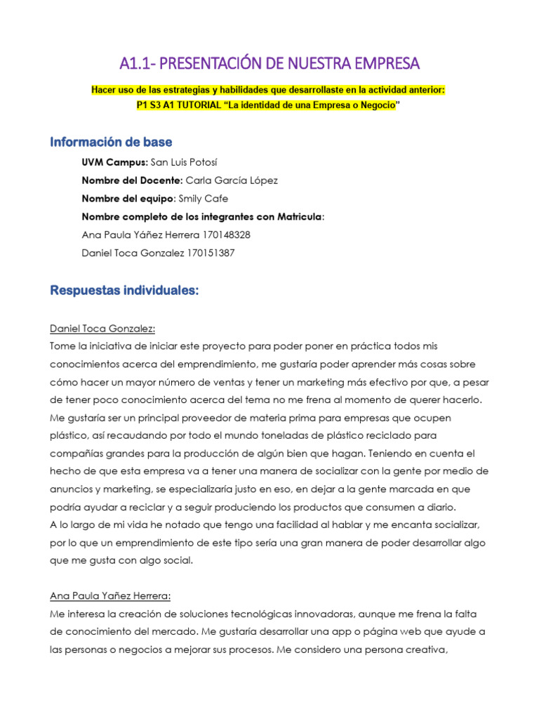 MDIA B1L1 A1_1 Presentación de nuestra empresa 1 | PDF | Iniciativa empresarial | Economias