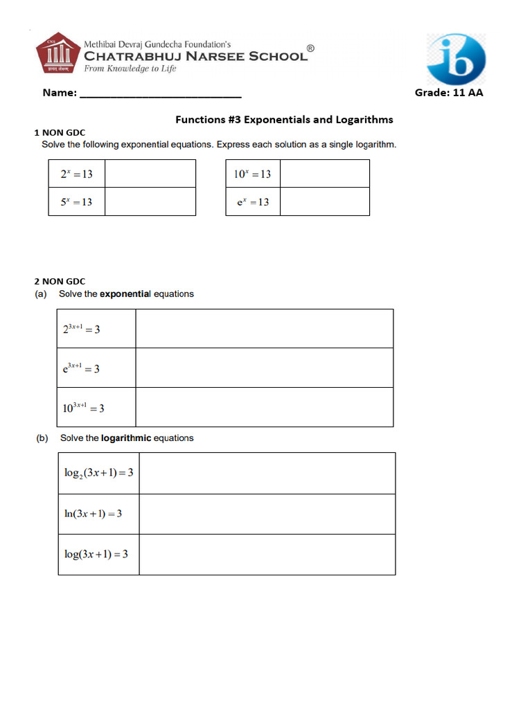 IBDP AA Functions 3 Exponentials and Logarithms GR 11 B26 | PDF