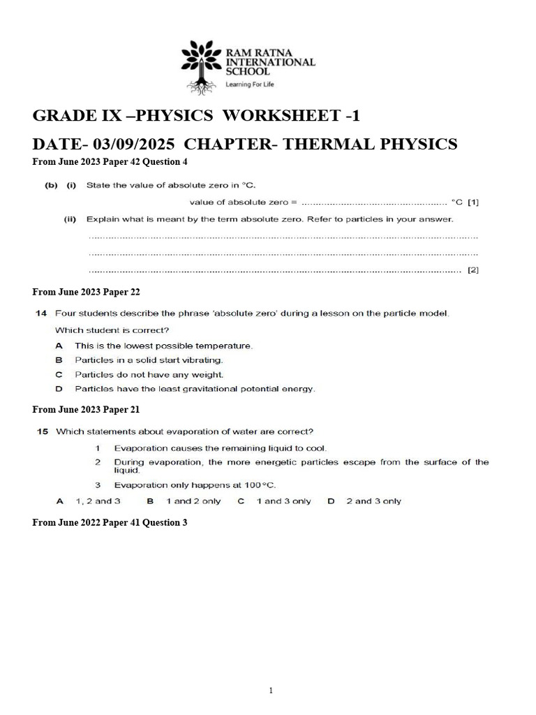 Thermal Physics Worksheet - 1 | PDF