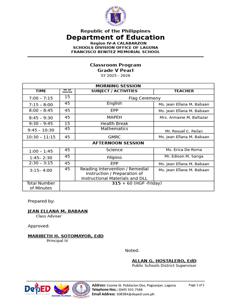 Grade V Pearl Classroom Program 2025-2026 | PDF | Philippines ...