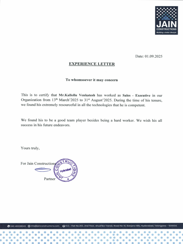 K Venkatesh Experience Letter | PDF