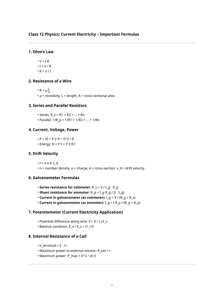 Current Electricity Formulas | PDF