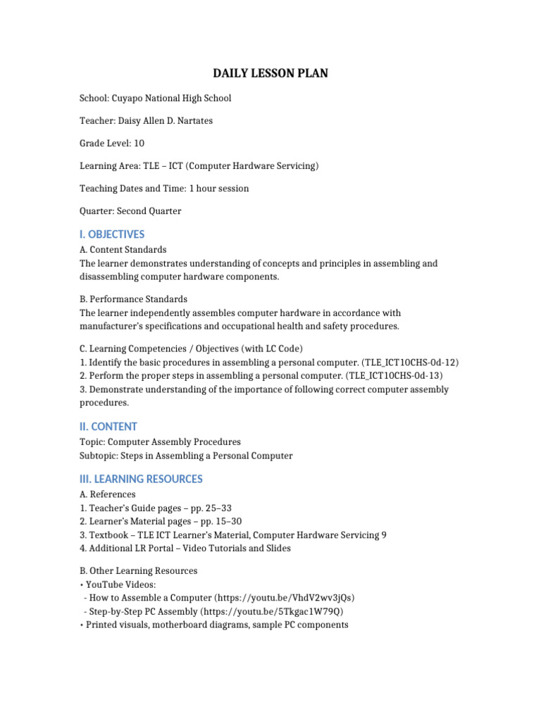 Computer Assembly Lesson Plan for Grade 10 | PDF | Learning ...