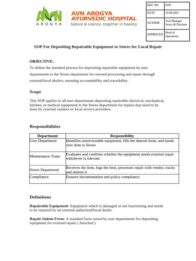 SOP - Repair of Equipment | PDF | Regulatory Compliance
