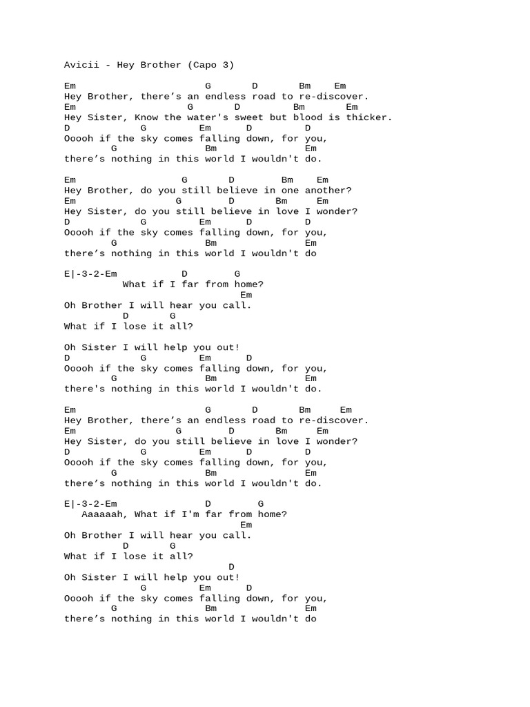 Avicii's "Hey Brother" Lyrics & Chords | PDF