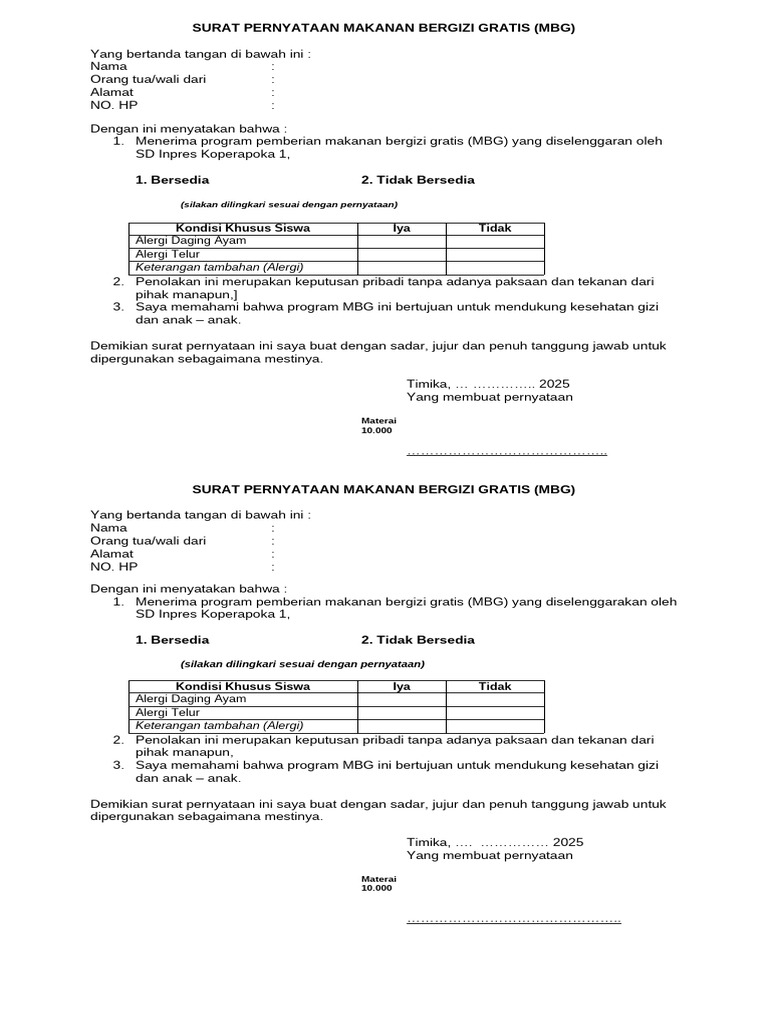 Surat Pernyataan MBG | PDF