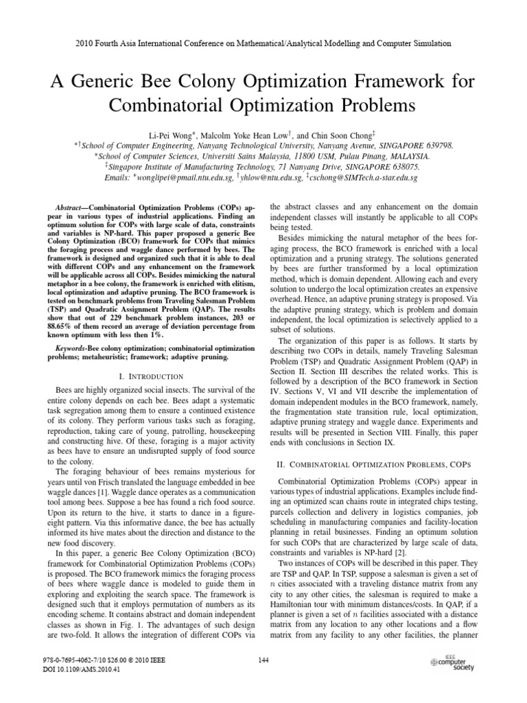 A Generic Bee Colony Optimization Framework For Combinatorial Optimization Problems | PDF ...