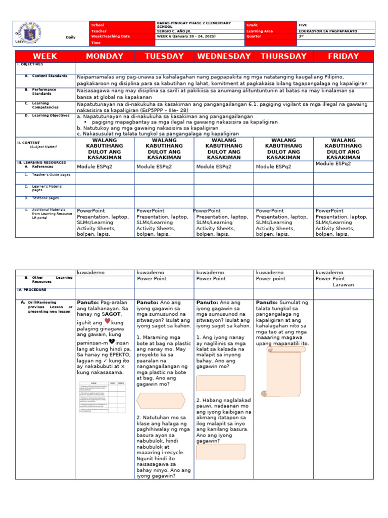 DLL Q3W6 EsP GRADE 5 | PDF