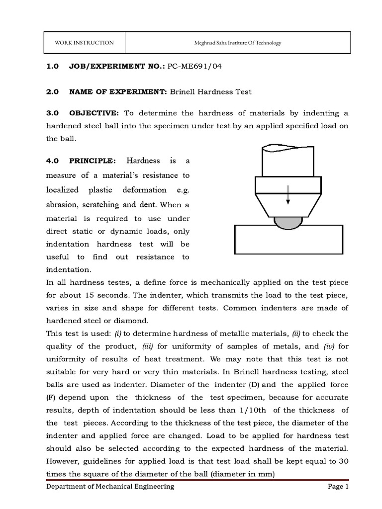 Brinell Hardness Test Experiment | PDF | Hardness | Mechanical Engineering