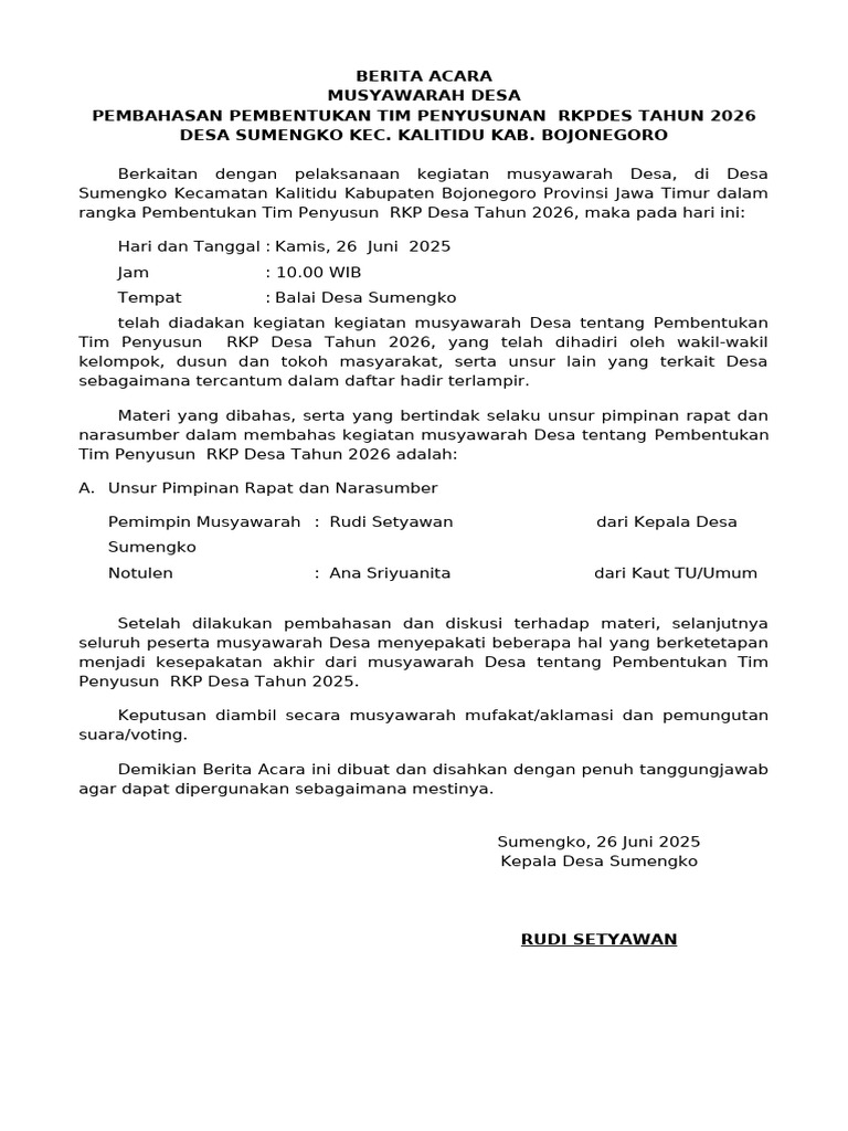 BERITA ACARA Pembentukan Tim Penyusun Rkpdes 2025 | PDF
