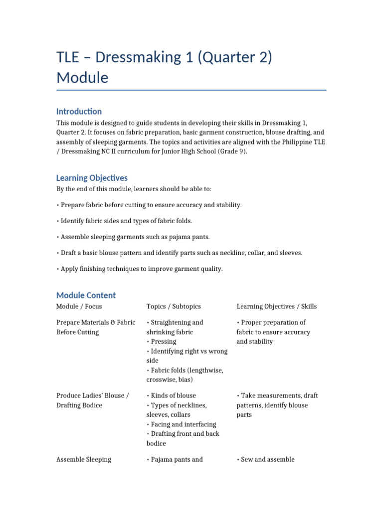 Dressmaking Skills for Junior High Students | PDF | Seam (Sewing) | Blouse
