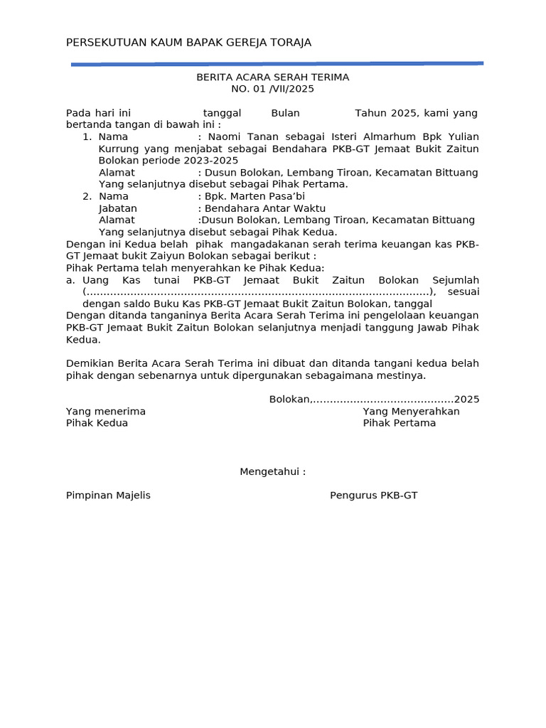 Serah Terima Keuangan PKB-GT Bolokan | PDF