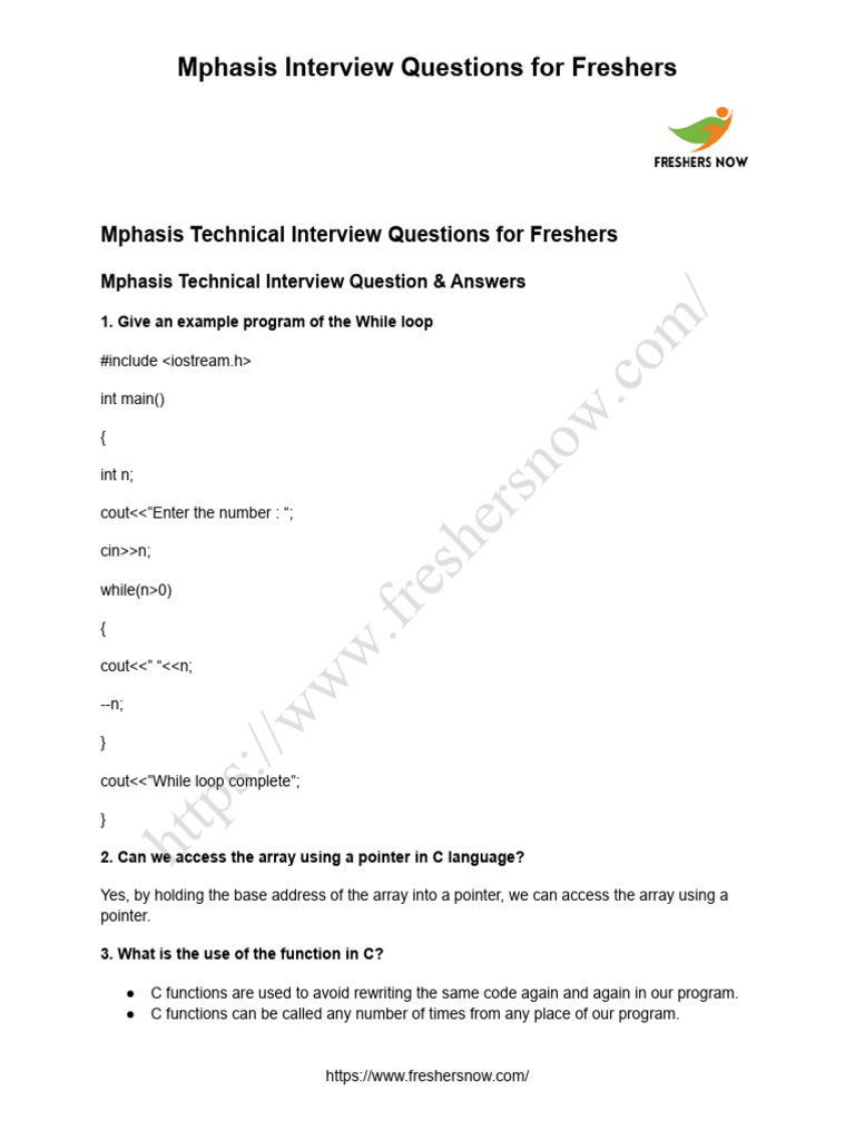 Mphasis Interview Q A For Freshers | PDF | Computer Programming | C++